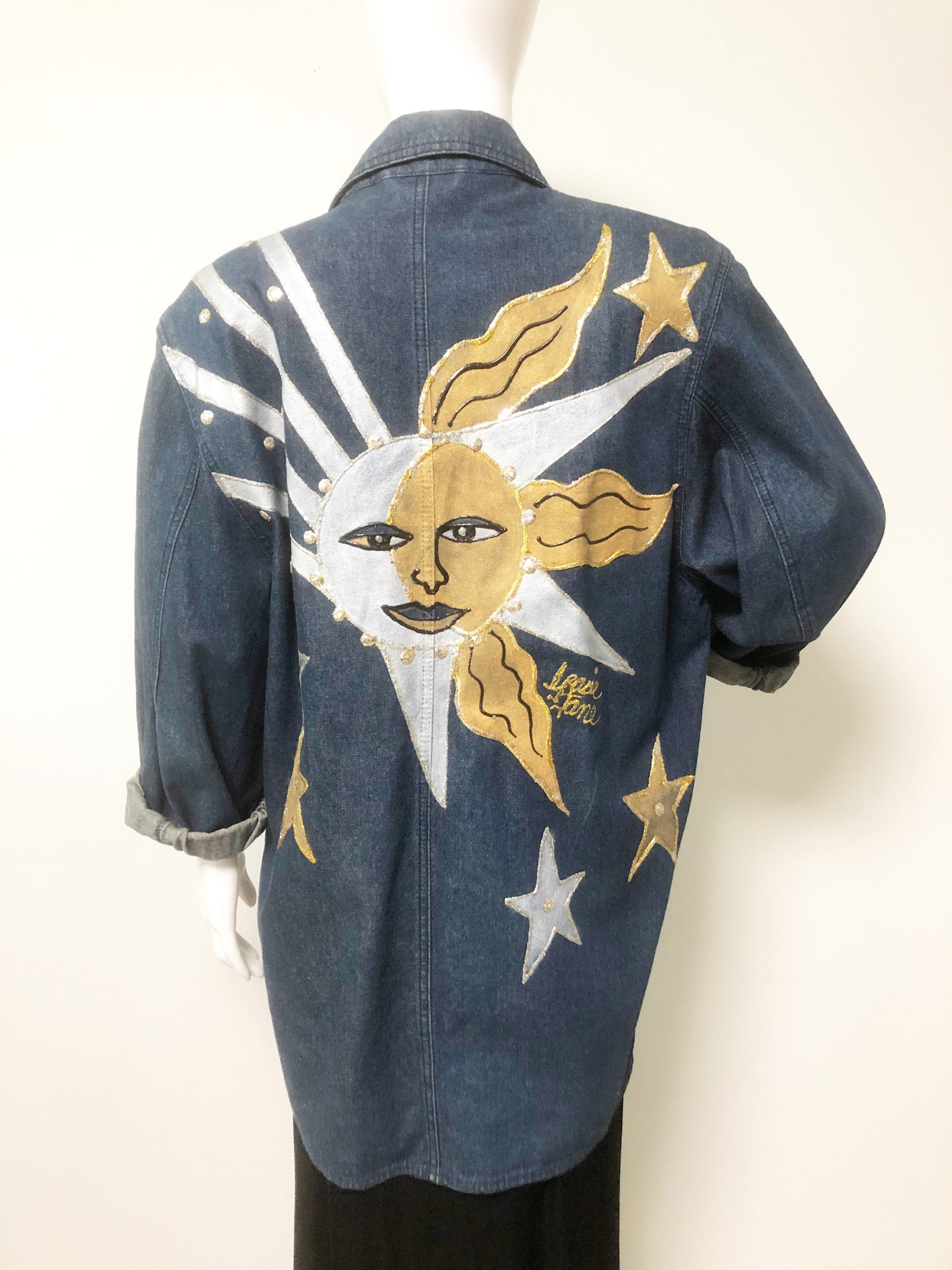 Vintage Handpainted Denim Jacket Stars and Moon Painted Jean - Etsy