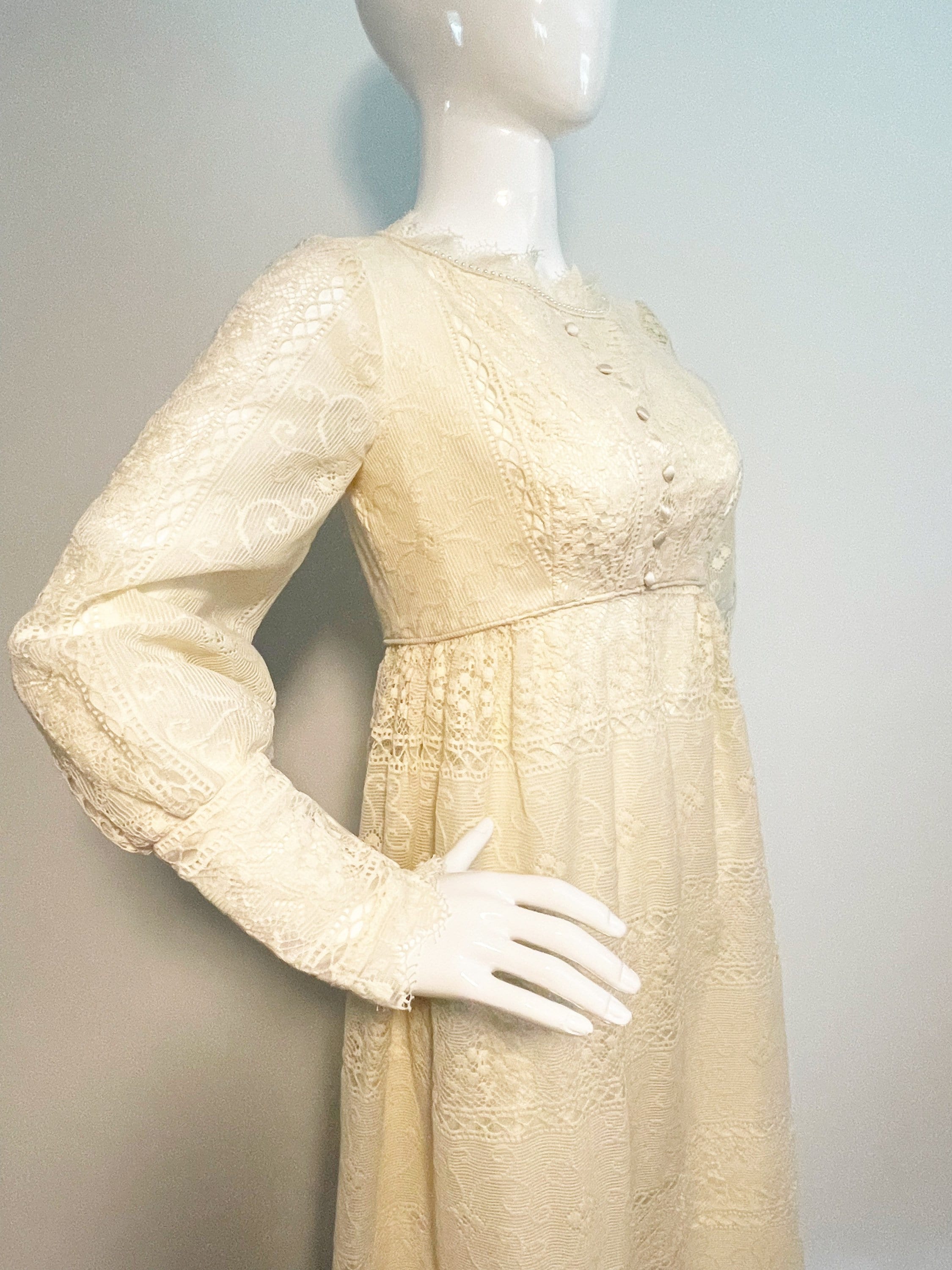 Vintage Emma Domb Lace Overlay Dress, Pearl Embellished Gown, 70's Boho ...