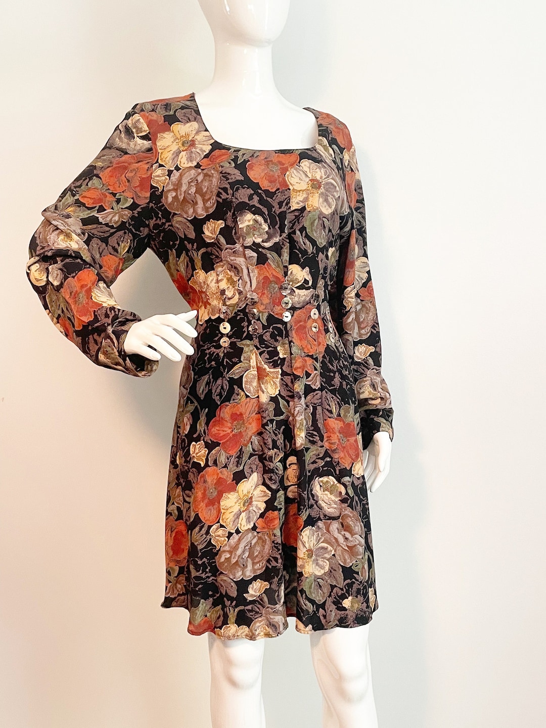 Vintage Carole Little Dress, Floral Scoop Neck, Grunge Mini Dress, Rust ...