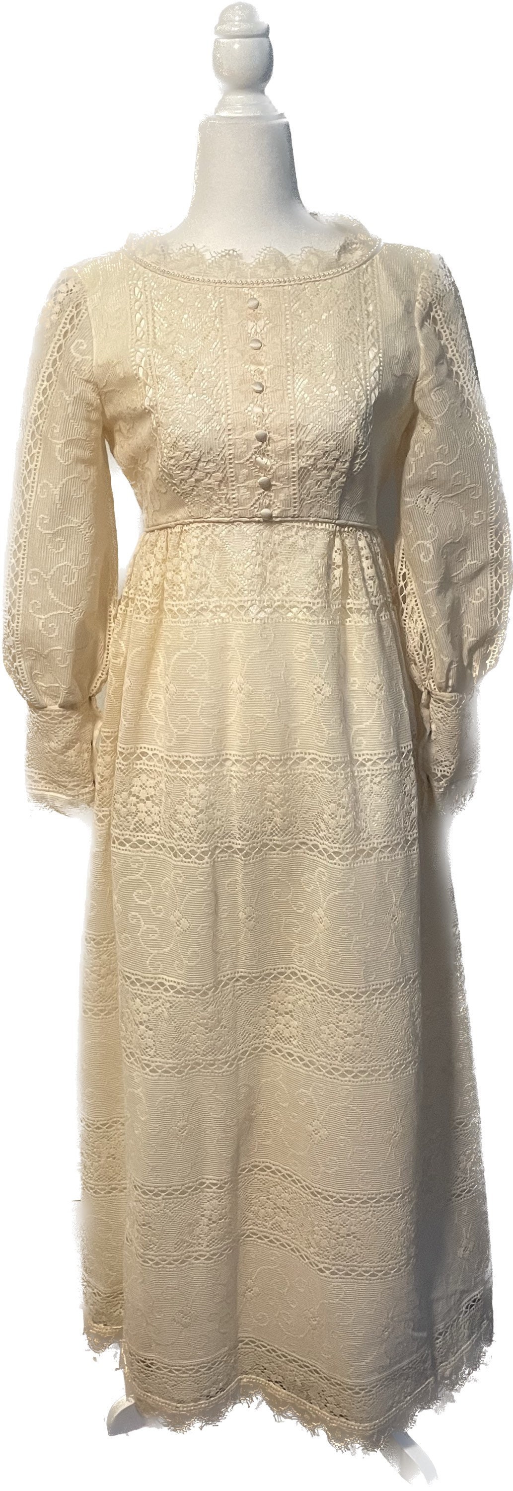 Vintage Emma Domb Lace Overlay Dress, Pearl Embellished Gown, 70's Boho ...
