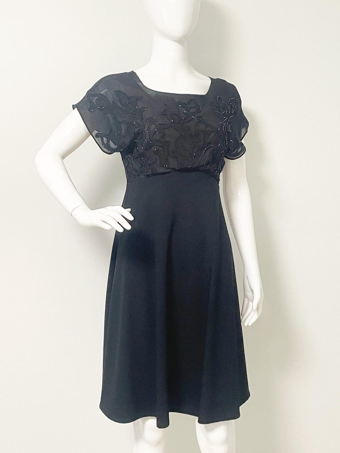 Vintage Carole Little Black Beaded Dress, Chiffon Overlay, Flirty ...