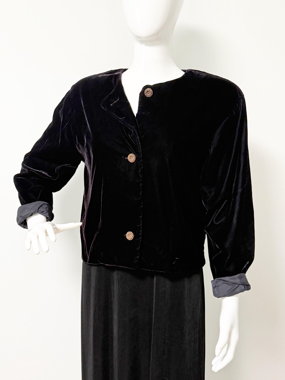 Vintage Black Velvet Cropped Jacket, Short Velvet Jacket, Black Velvet ...