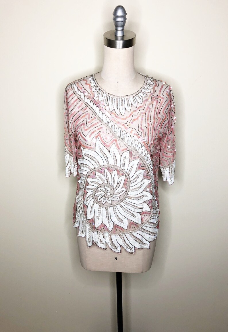 Vintage Beaded Top Pink Beaded Sequin Silk Top Embellished - Etsy