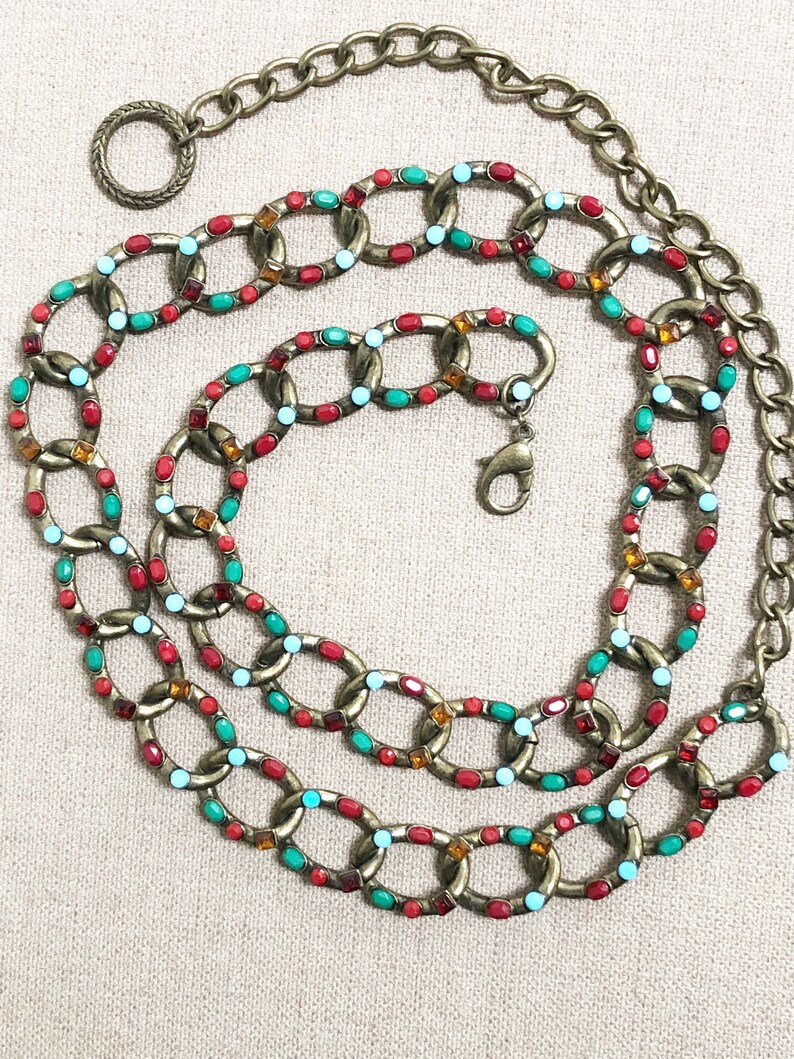Vintage Antiqued Gold Tone Jeweled Chain Belt, Adjustable Belt ...