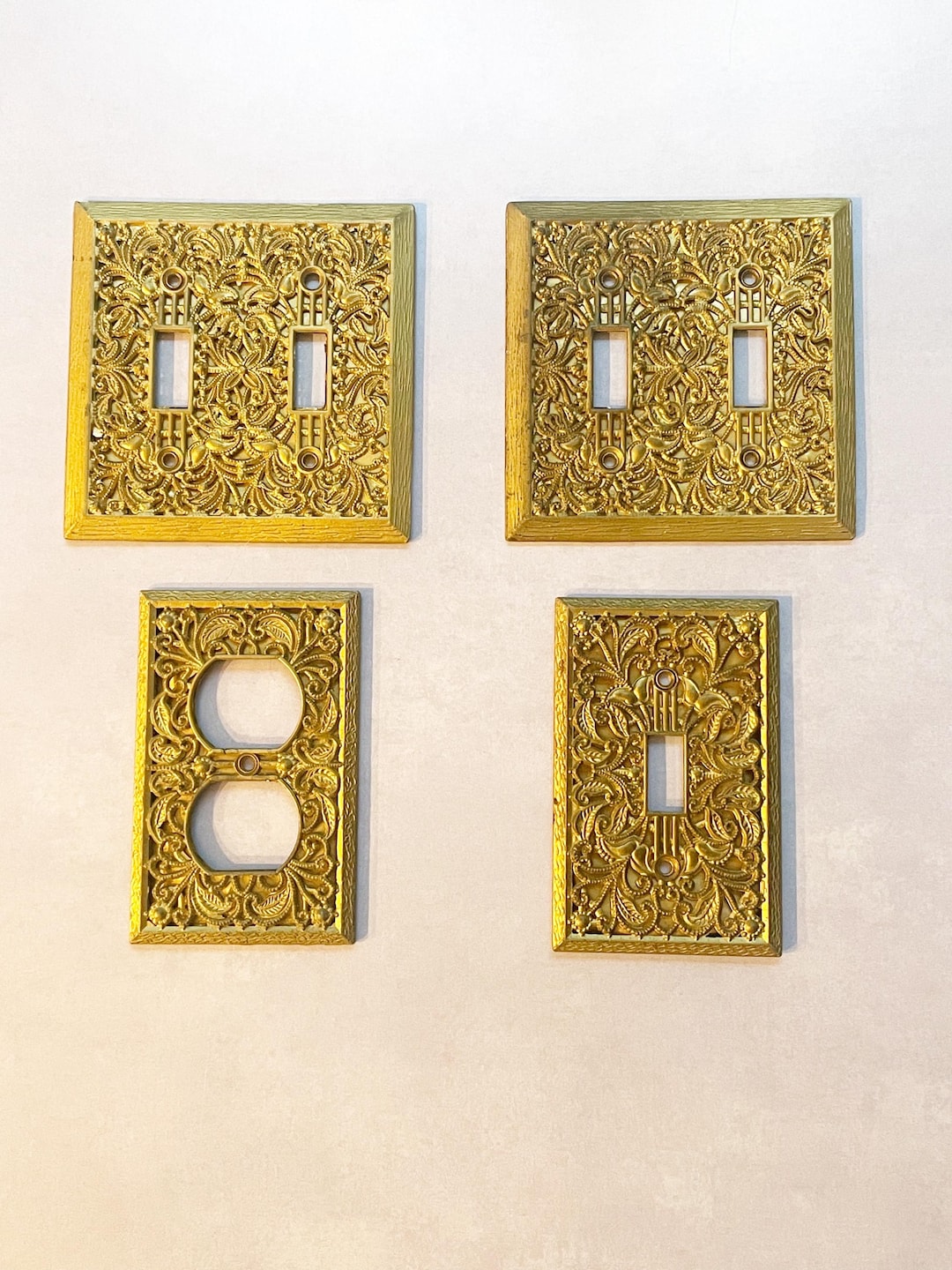 Vintage Set of Ornate Switch Plates, Outlet Cover, Gold Filigree Metal ...