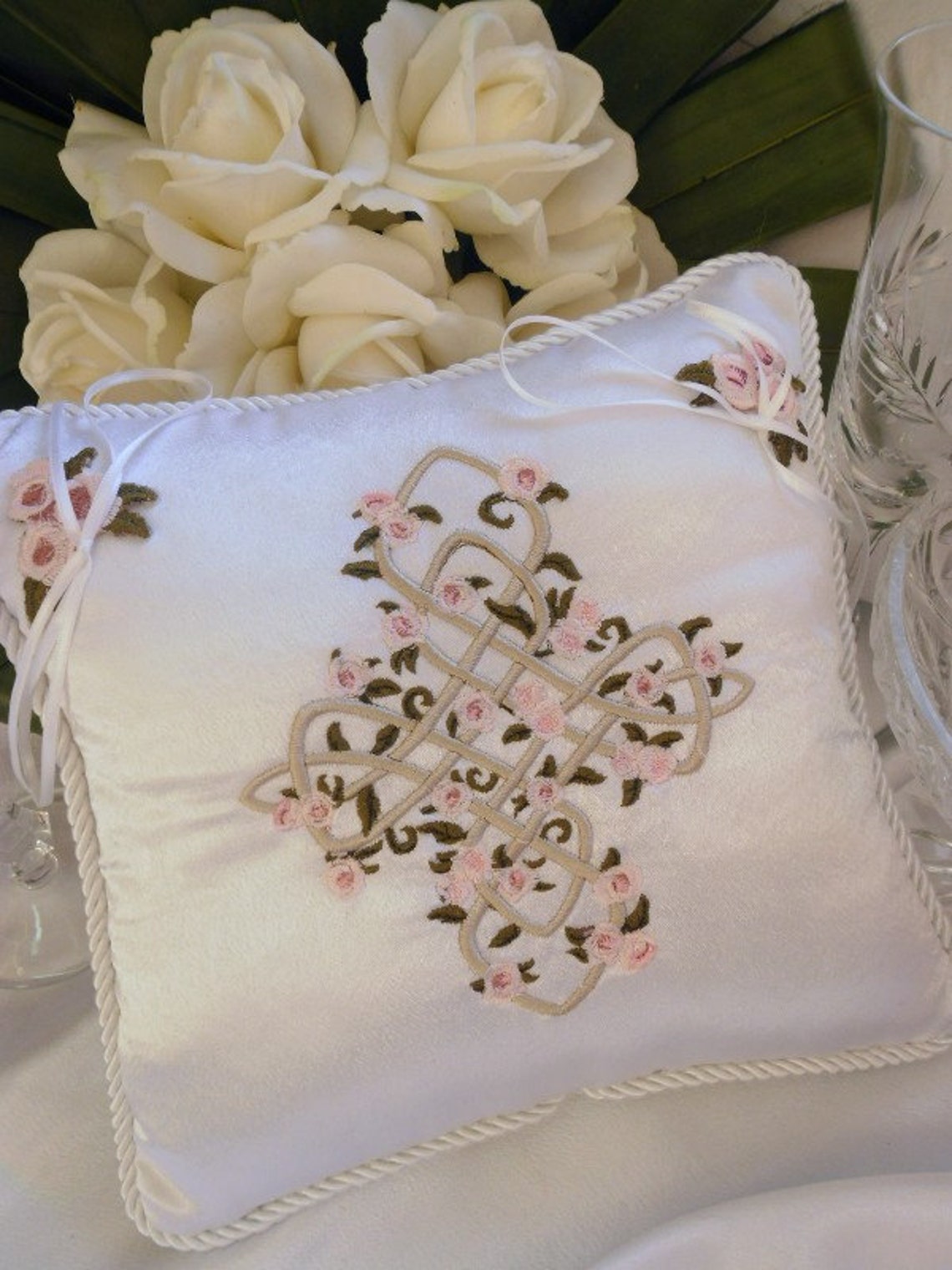 Celtic Cross Knot With Roses Embroidered Ringbearer Ring Pillow - Etsy