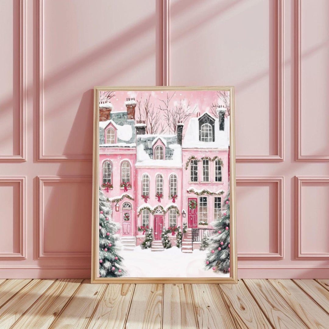 Charming Winter Poster, Cozy Home Decor, Holiday Art Print, Pink House ...