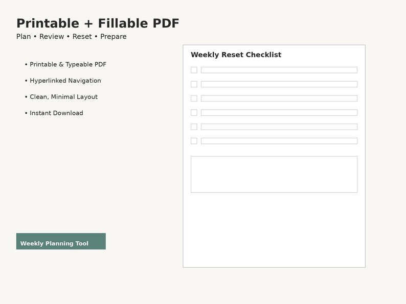 Weekly Reset Checklist Printable Abd Fillable | Hyperlinked ...