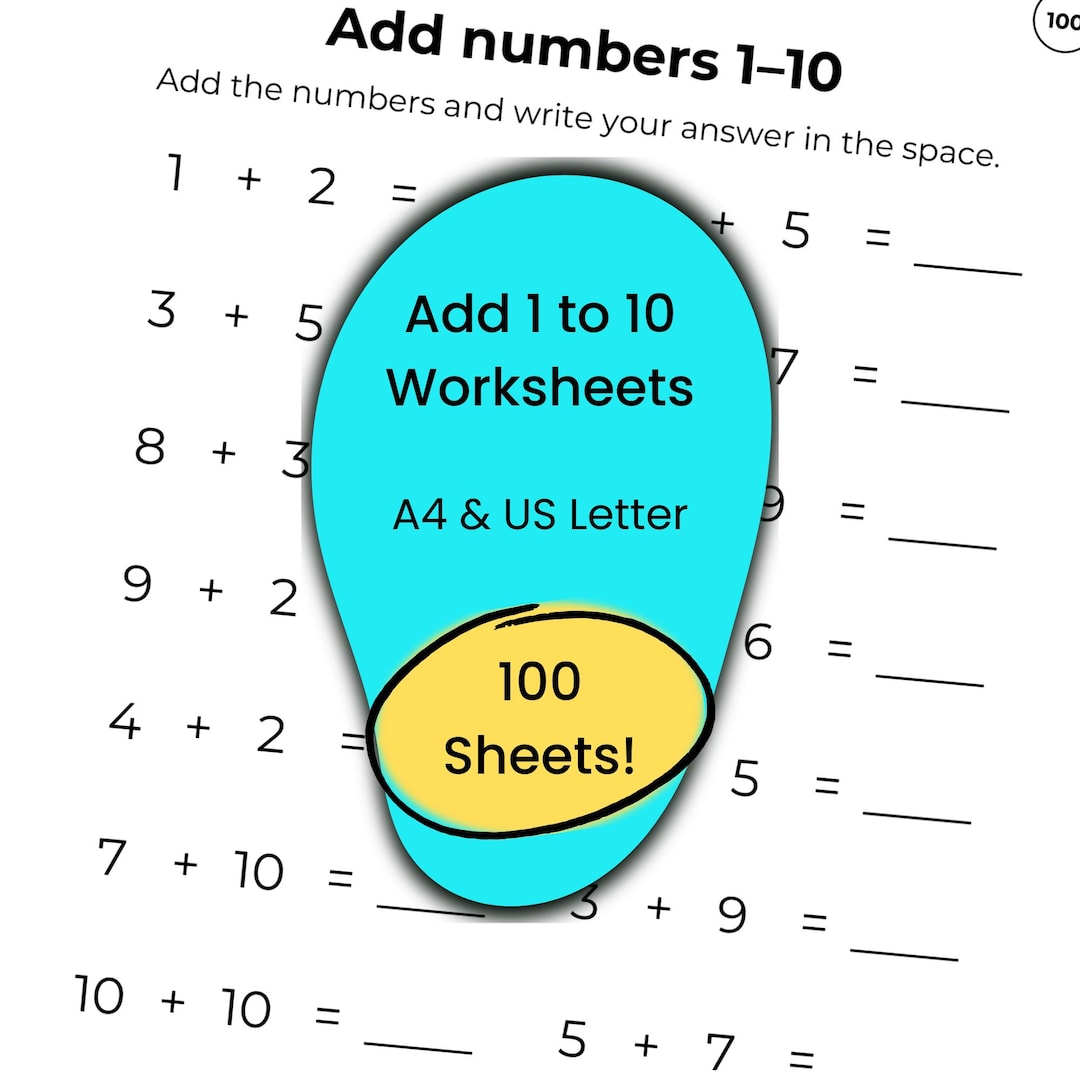 100 Addition Worksheets (numbers 1–10) | A4 + US Letter | Kids Math ...