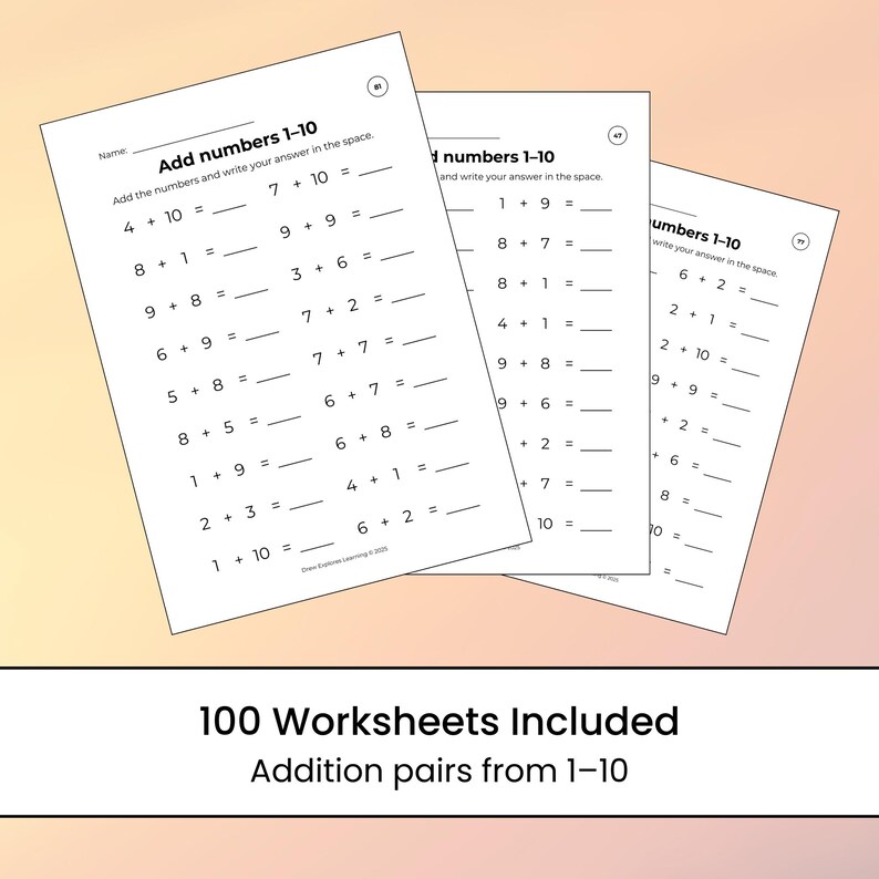 100 Addition Worksheets (numbers 1–10) | A4 + US Letter | Kids Math ...