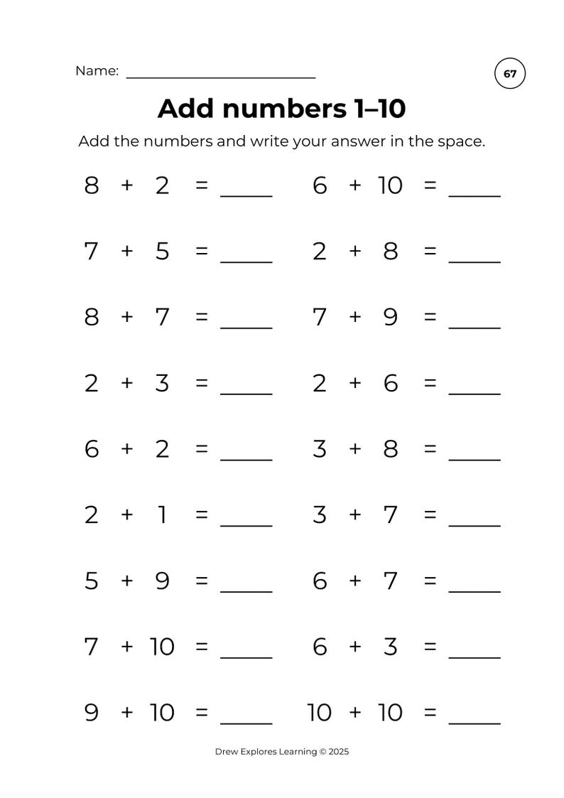 100 Addition Worksheets (numbers 1–10) | A4 + US Letter | Kids Math ...
