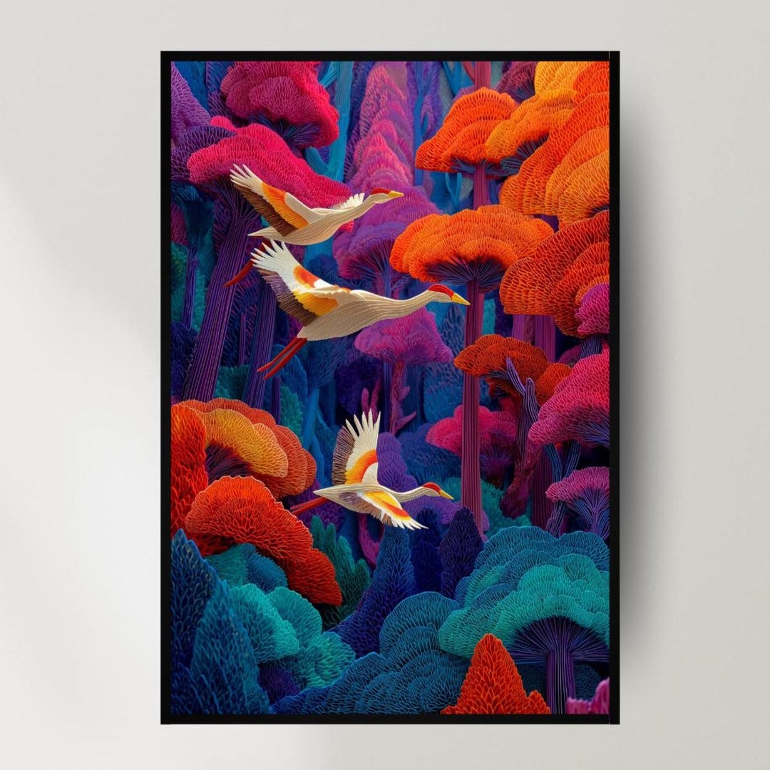 Japanese Crane Wall Art, Japanese Maximalist Poster, Floral and Paper ...