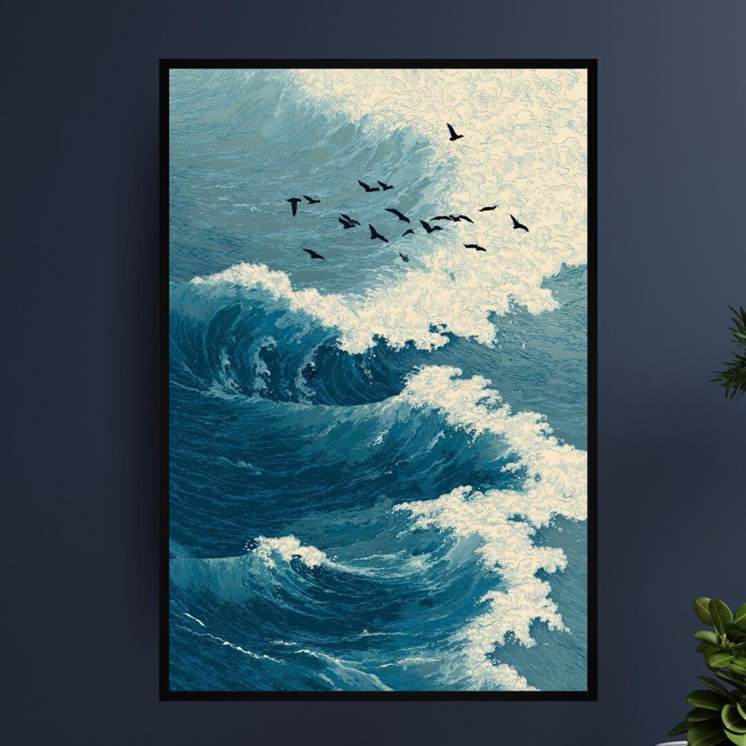 Japanese Ocean Waves Wall Art Print Vintage Hokusai Birds Style Poster ...