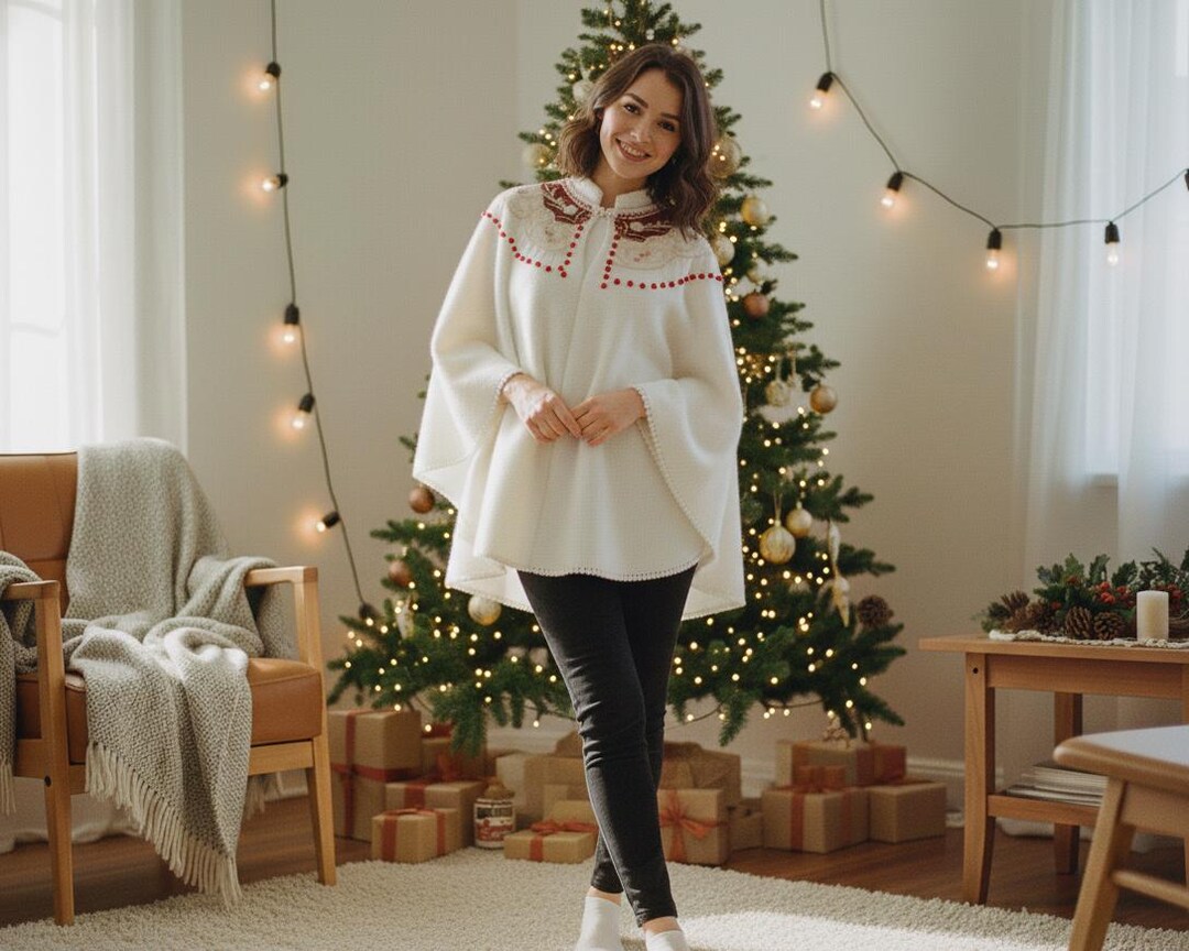 White Christmas Poncho Women, Festive Holiday Capelet With Pom Poms - Etsy