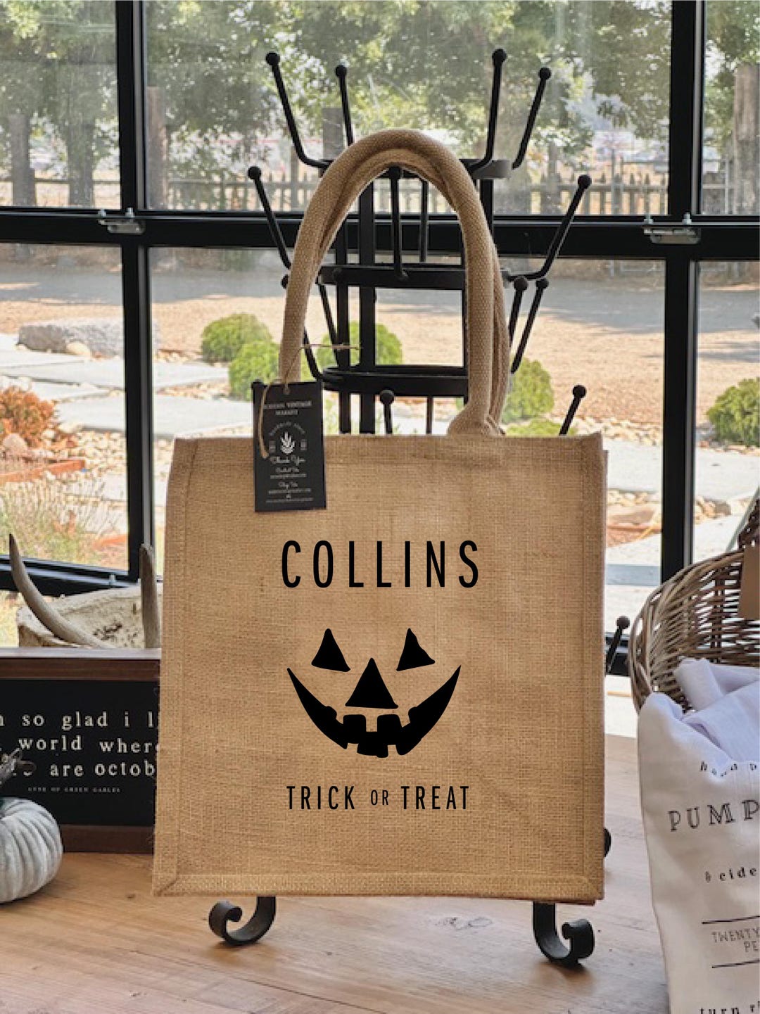 Personalized Halloween Jute Tote Bag: Jack O Lantern Trick or Treat - Etsy
