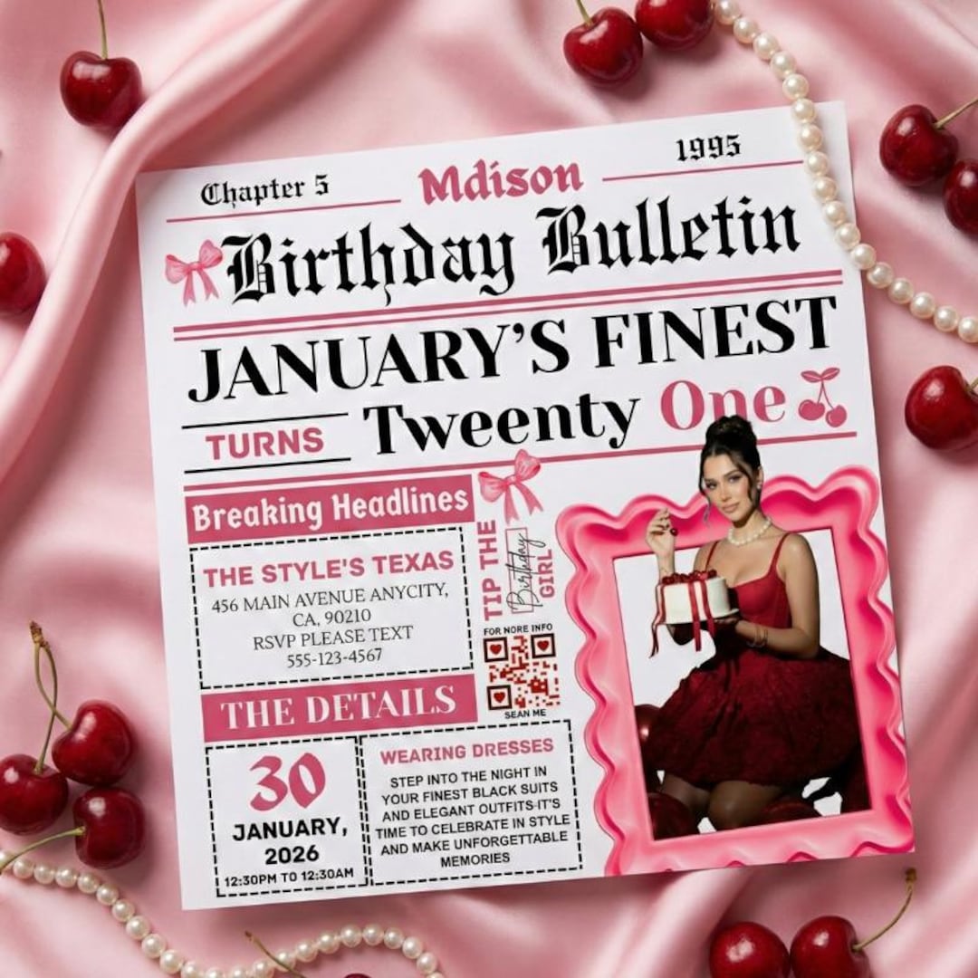 21st Birthday Newspaper Invitation, Coquette Pink Bow Template, Finally ...