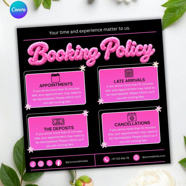 Booking Policy Template, Editable Canva Salon Policy Sign, Pink ...
