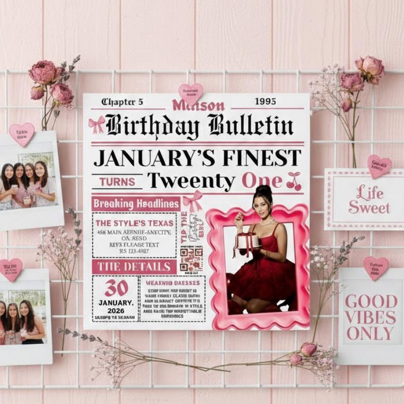 21st Birthday Newspaper Invitation, Coquette Pink Bow Template, Finally ...