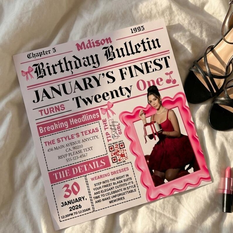 21st Birthday Newspaper Invitation, Coquette Pink Bow Template, Finally ...