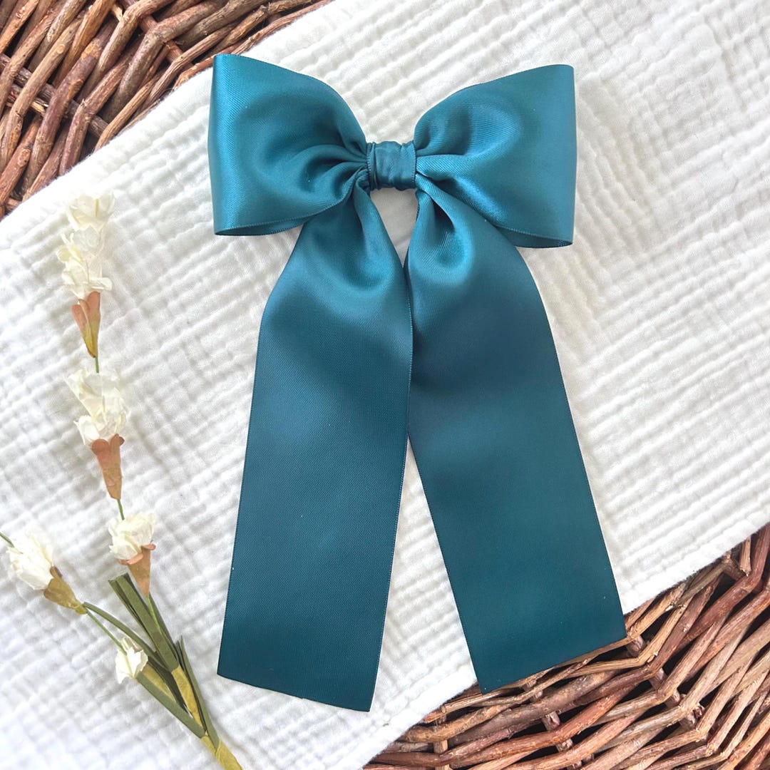 Teal Satin Long Tail Hair Bow Girls Hair Clip Baby Headband Toddler Bow ...