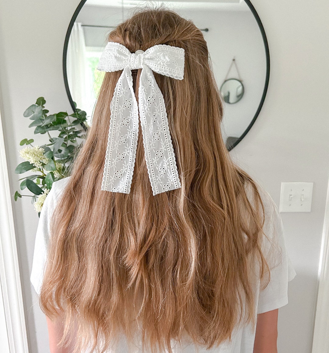 White Eyelet Bow Clip - Girls Lace Hair Bow - Lace Flower Girl Hair ...