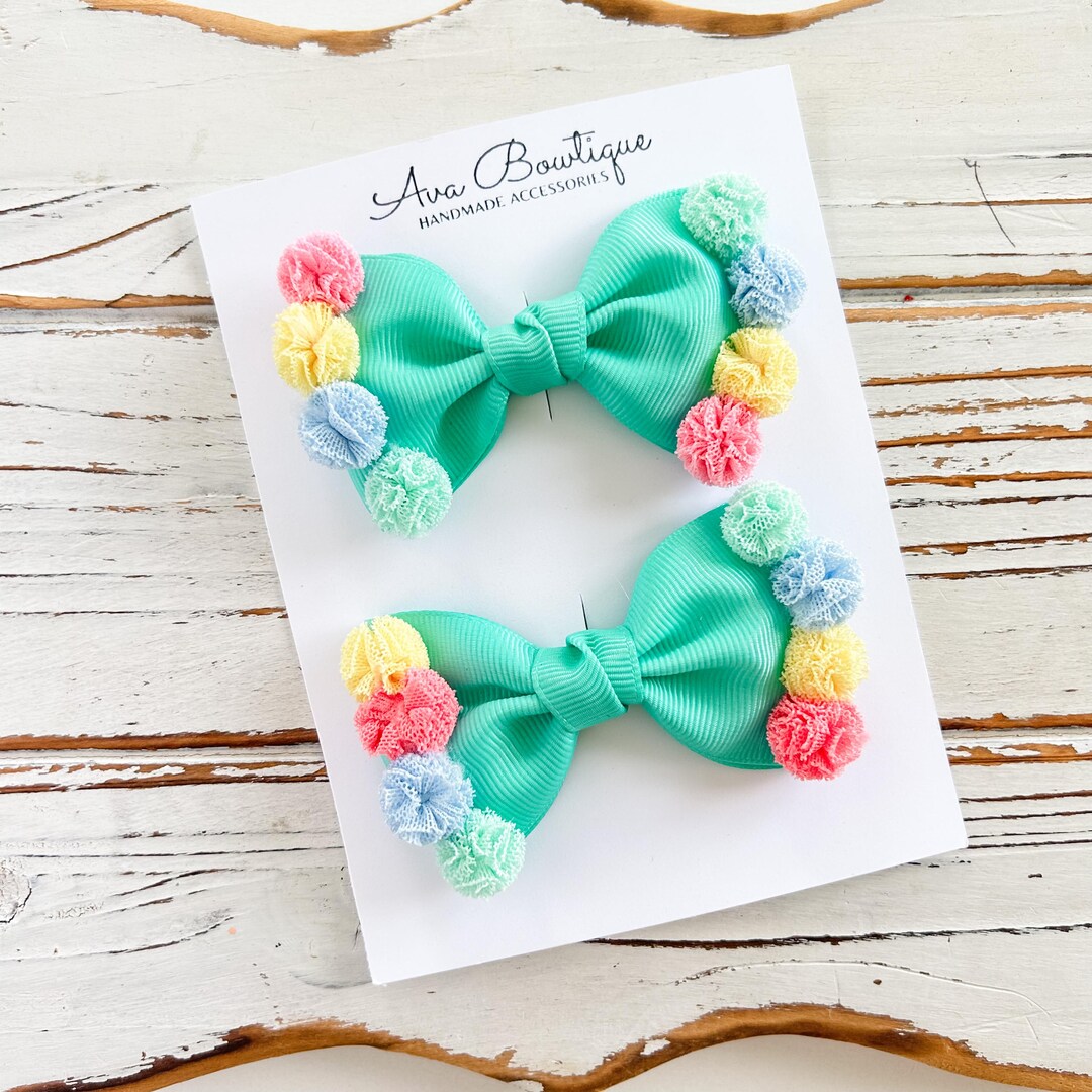 Green Pom Pom Pigtail Bow Set Pigtail Bow Set Green Piggie Bow Set ...