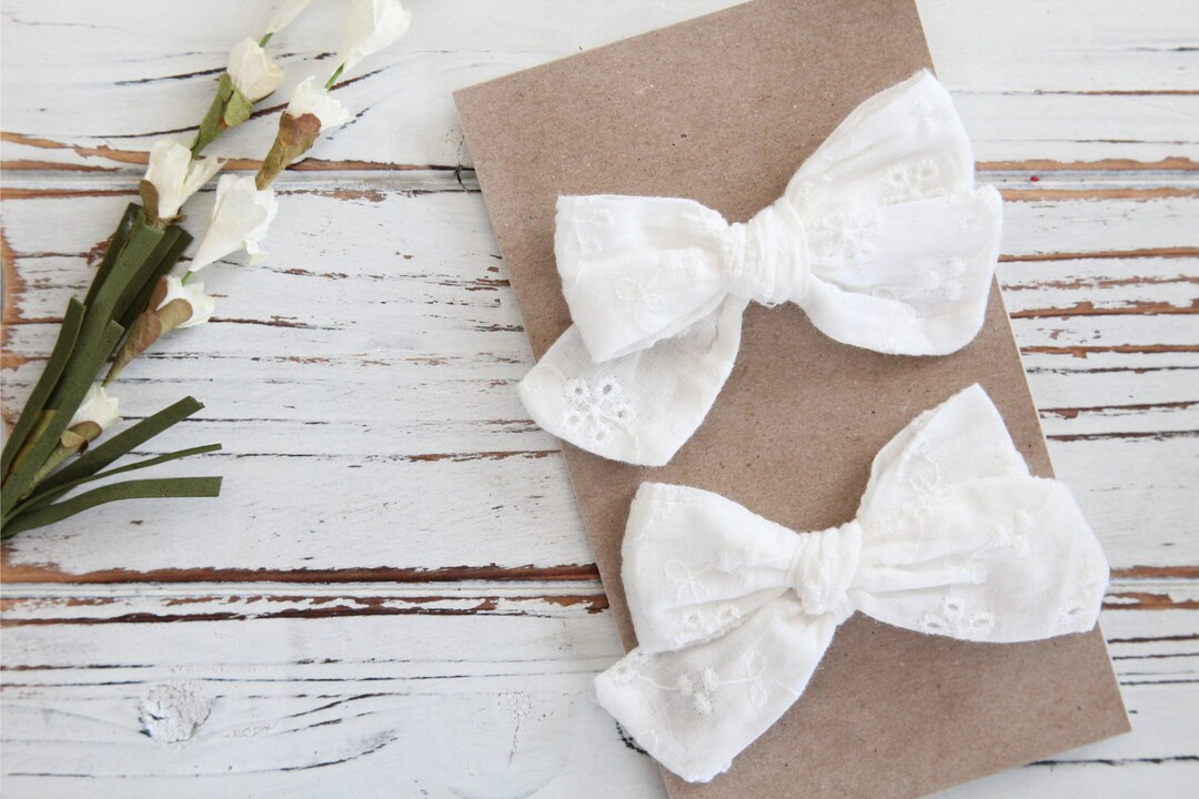White Eyelet Pigtail Bow Set White Pigtail Bow Set White Piggie Bow Set ...