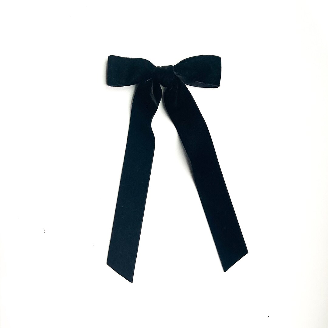 Black Velvet Long Tails Bow - Girls Black Velvet Bow - Hand Tied Bow ...