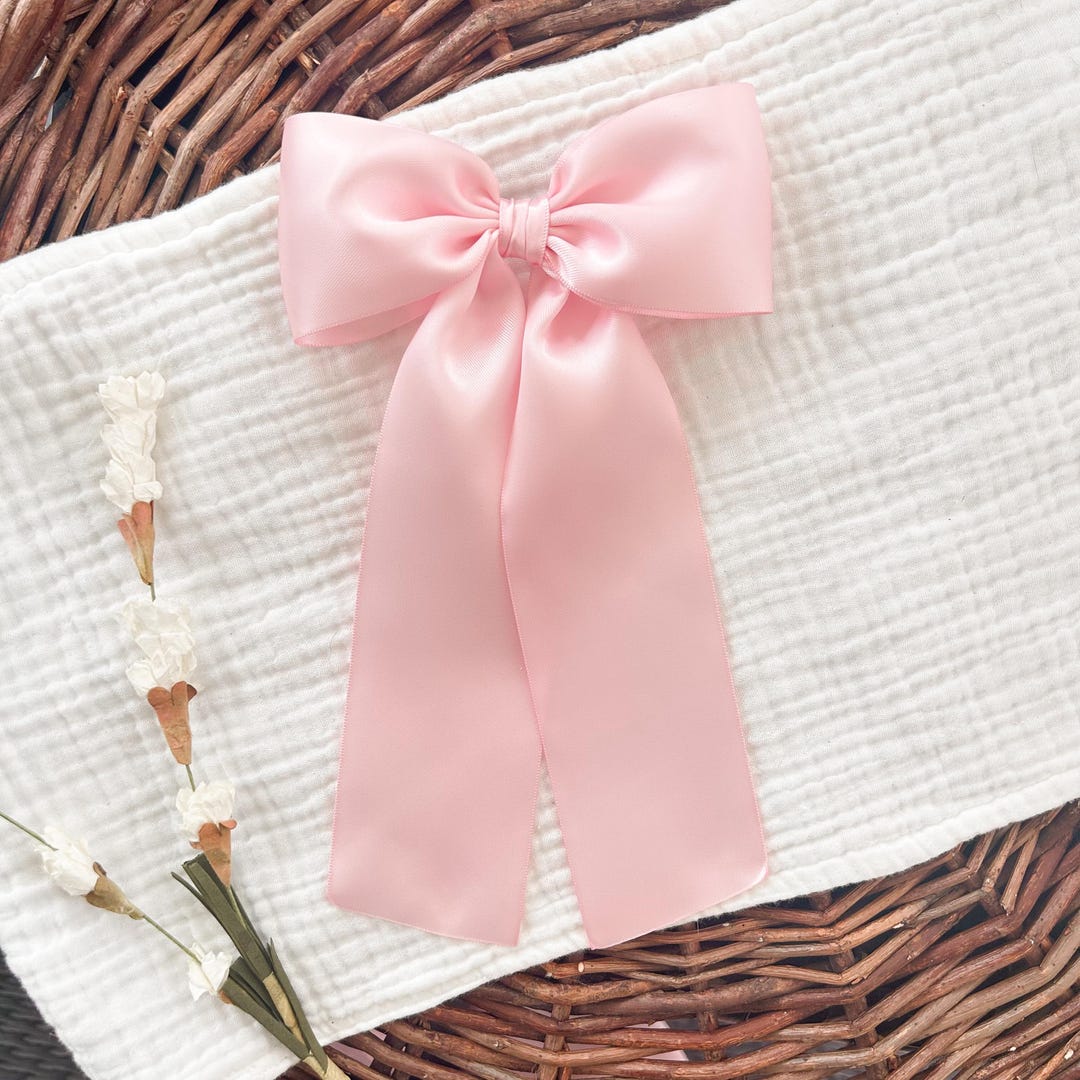 Light Pink Satin Long Tails Bow - Pink Satin Bow Hair Clip - Flower ...