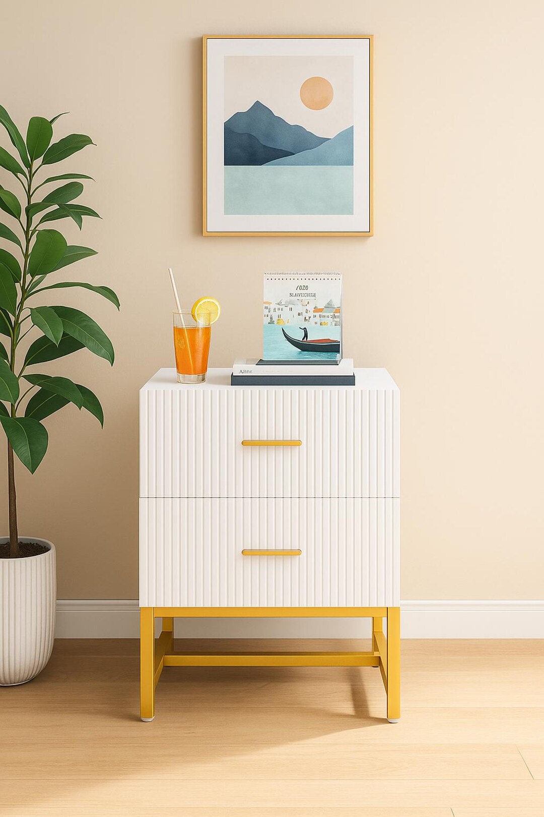 Modern Luxury White & Gold Nightstand – Large Wood Bedside End Table ...