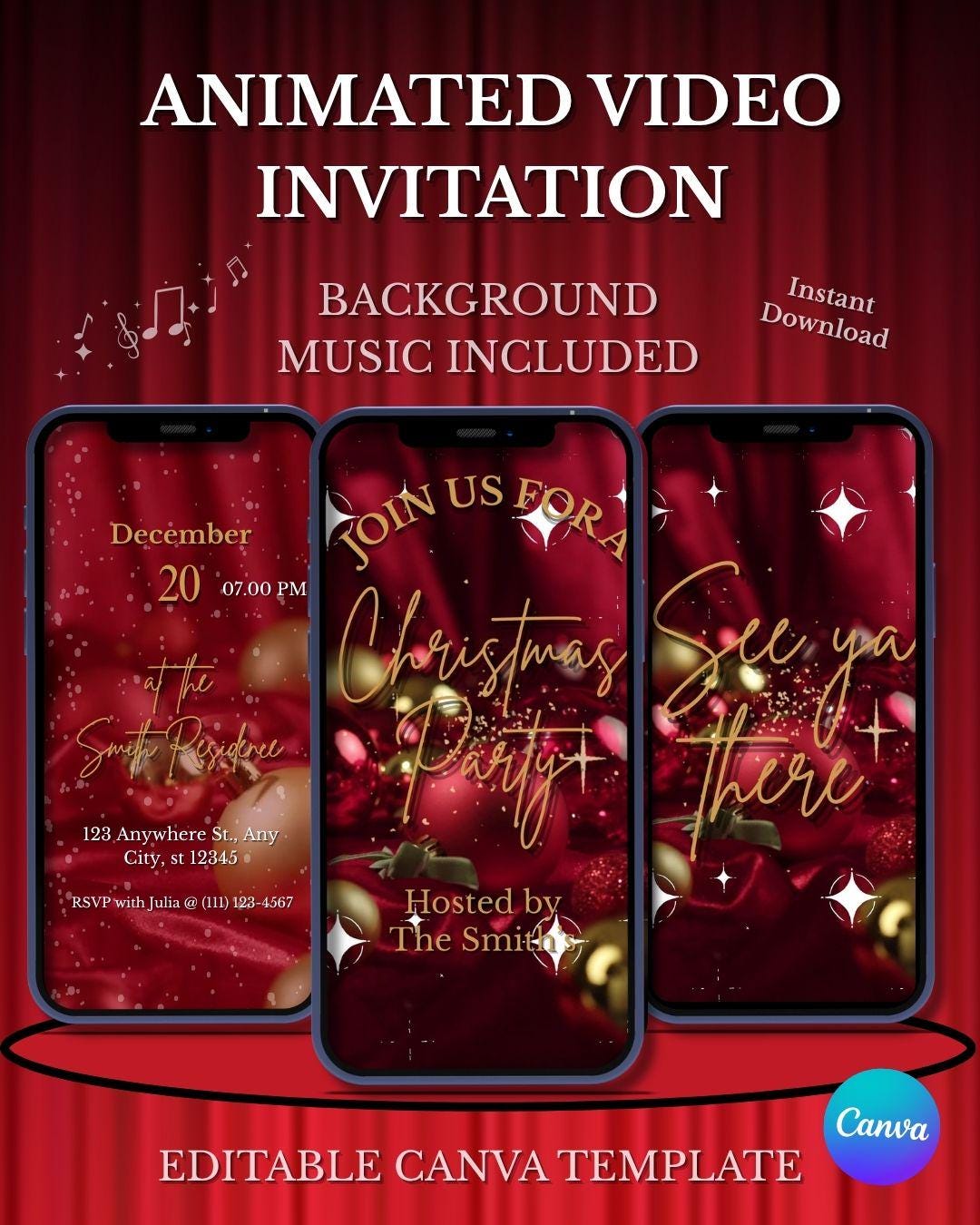 Animated Christmas Party Invitation Video With Music | Elegant Red ...