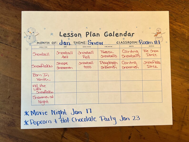 Snowmen Lesson Plan Calendar, Classroom Printable (canva & PDF) - Etsy