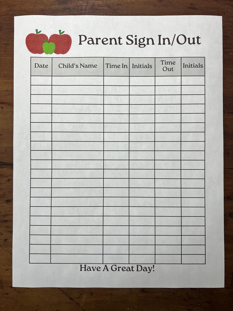 Daily Parent Sign in and Out Form. Perfect for Daycare, Preschool ...