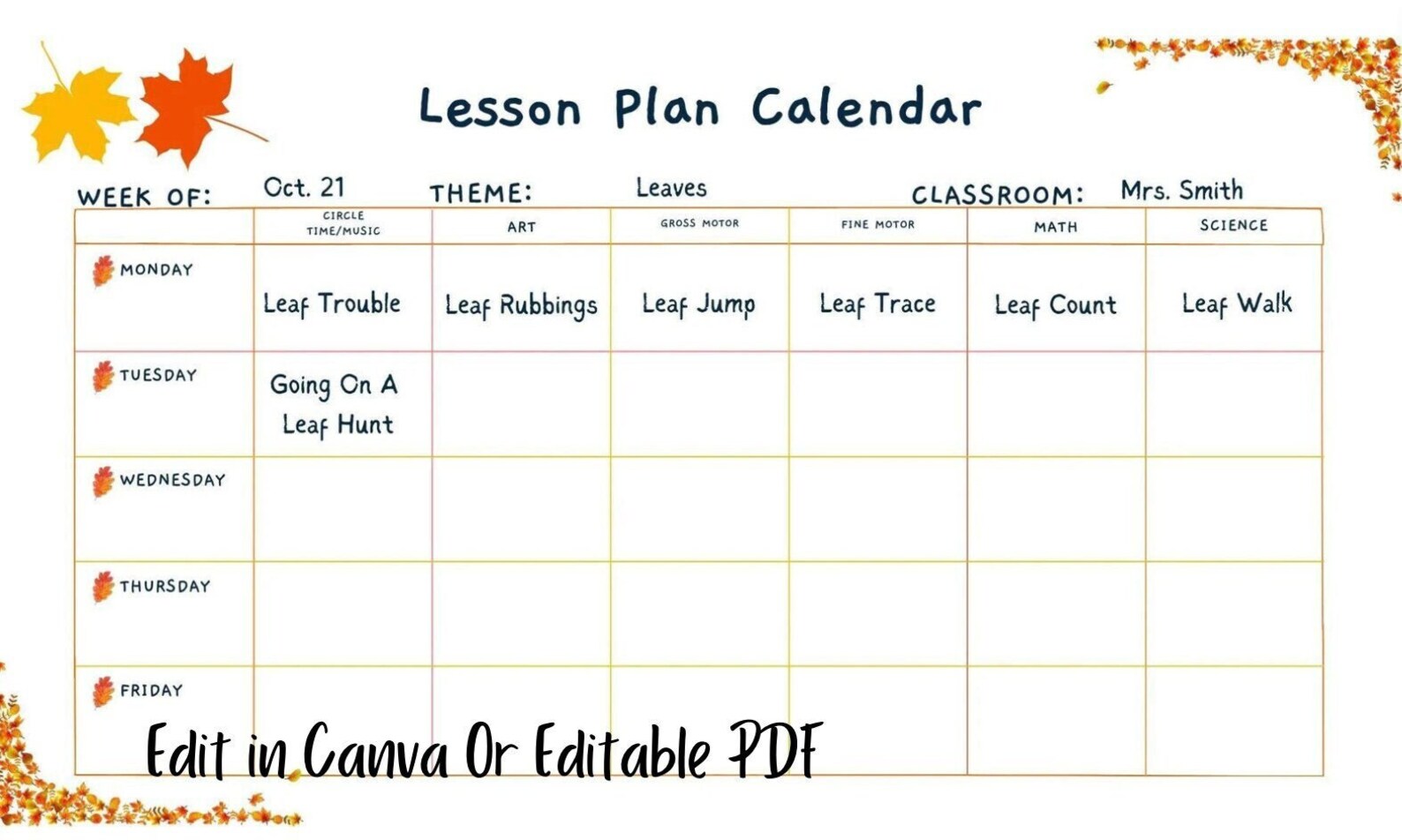 Autumn Lesson Plan Template, Editable Weekly Calendar (canva & PDF) - Etsy