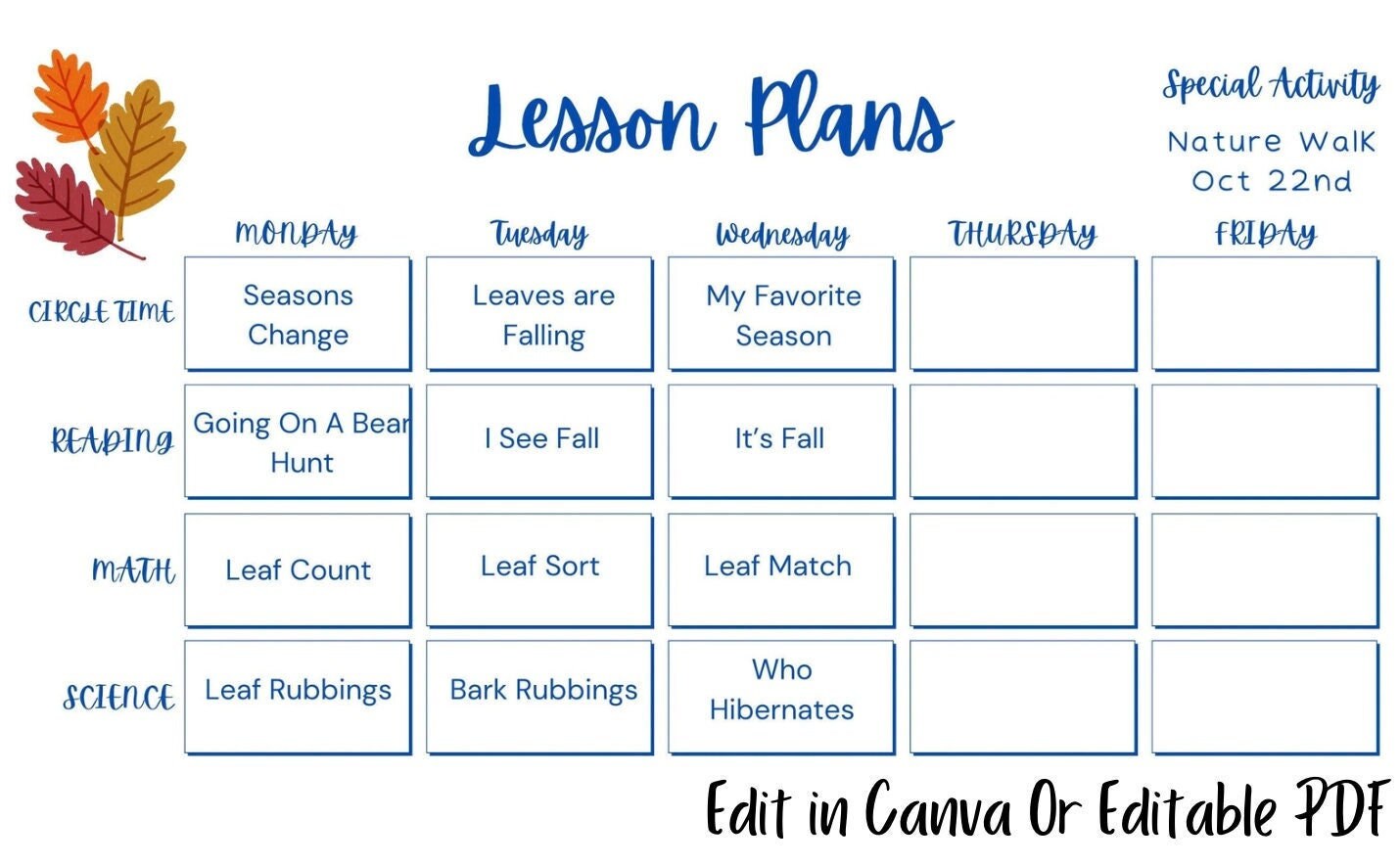 Fall Leaves Lesson Plan Template: Weekly Planner, Editable PDF & Canva ...
