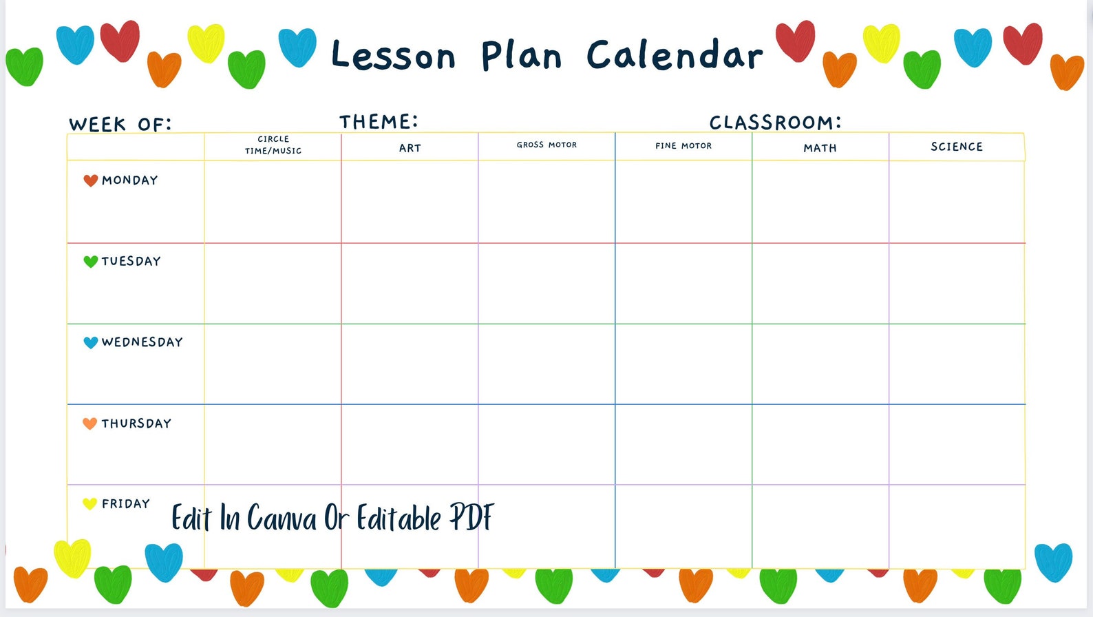Rainbow Hearts Lesson Plan Template: Weekly Planner (canva & PDF) - Etsy