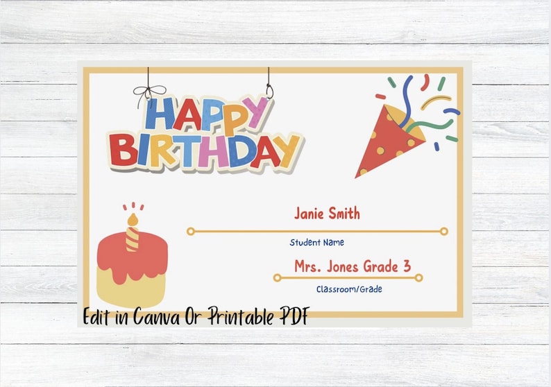 Happy Birthday Classroom Card, Student Birthday Certificate, PDF ...