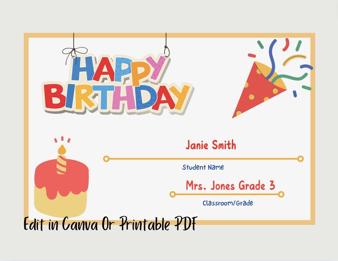 Happy Birthday Classroom Card, Student Birthday Certificate, PDF ...