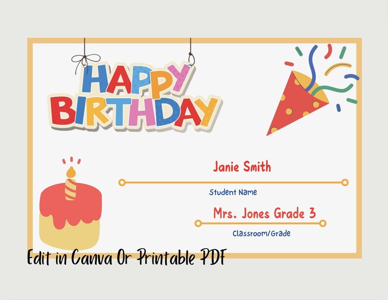 Happy Birthday Classroom Card, Student Birthday Certificate, PDF ...