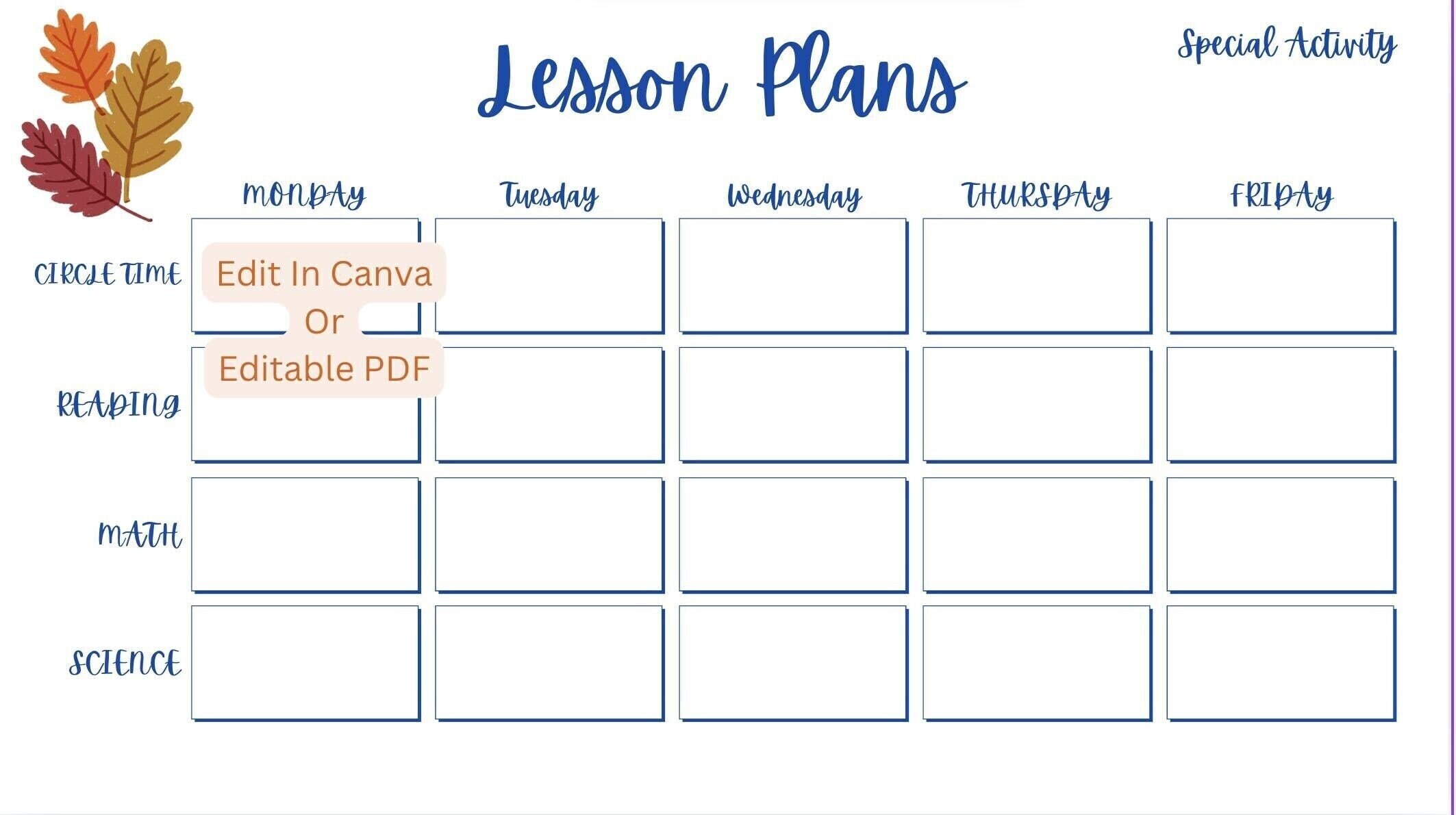 Fall Leaves Lesson Plan Template: Weekly Planner, Editable PDF & Canva ...