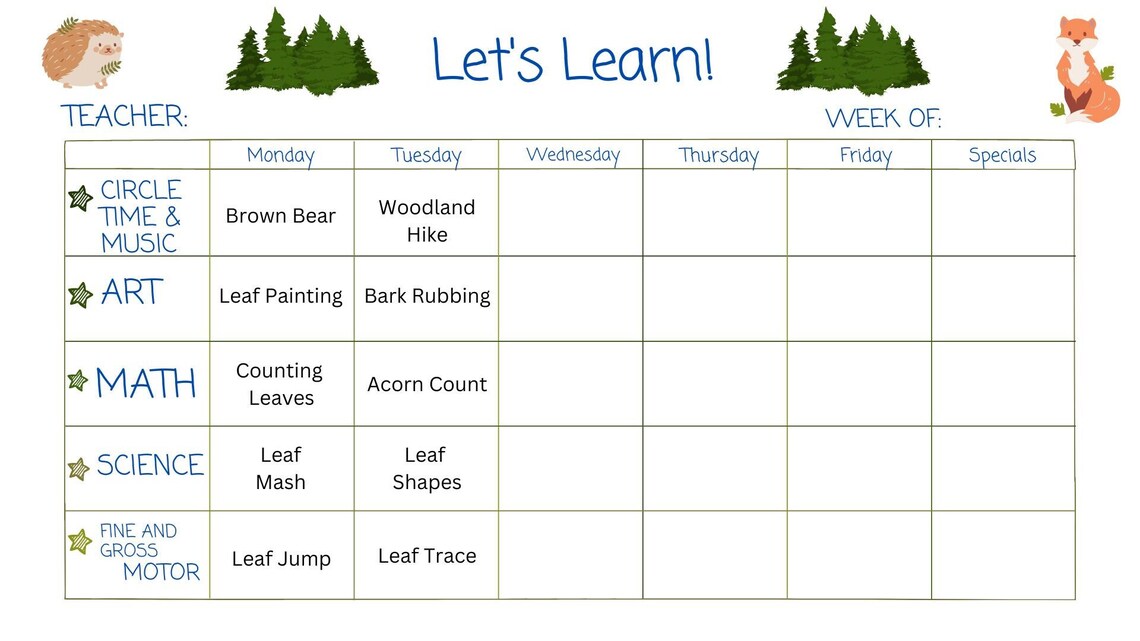 Forest Theme Lesson Plan Template: Weekly Planner (canva & PDF) - Etsy