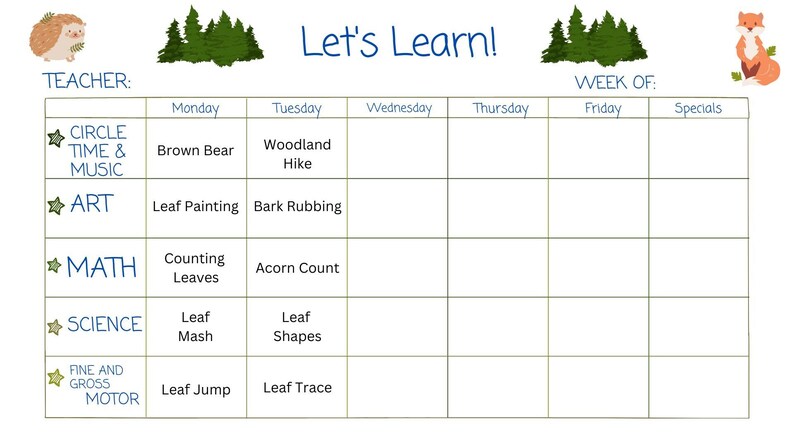 Forest Theme Lesson Plan Template: Weekly Planner (canva & PDF) - Etsy