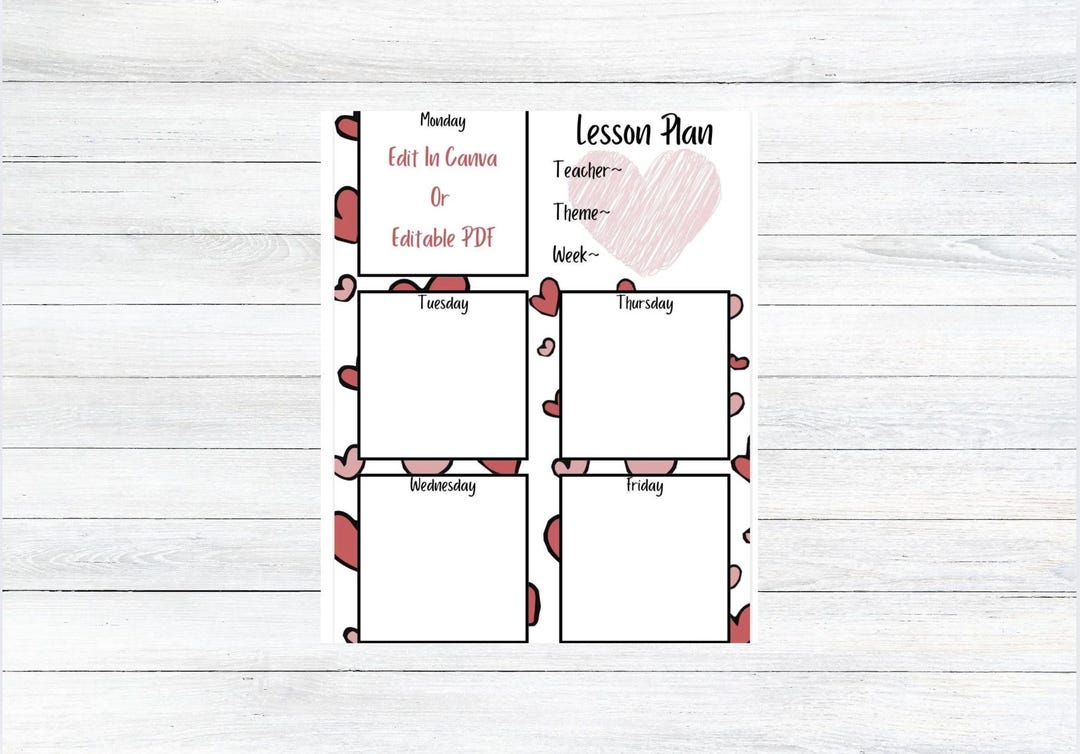 Valentine's Day Lesson Plan Template: Hearts Theme (canva & PDF) - Etsy