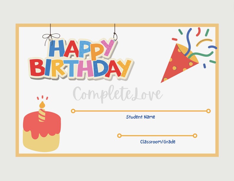Happy Birthday Classroom Card, Student Birthday Certificate, PDF ...
