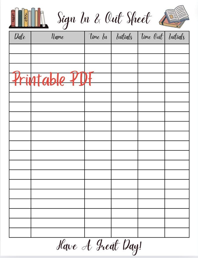 Parent Sign in and Out Form: Daycare, Preschool (PDF), Book Library ...