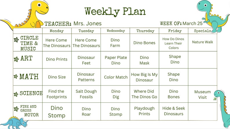 Dinosaur Weekly Lesson Plan Template: Editable PDF & Canva - Etsy