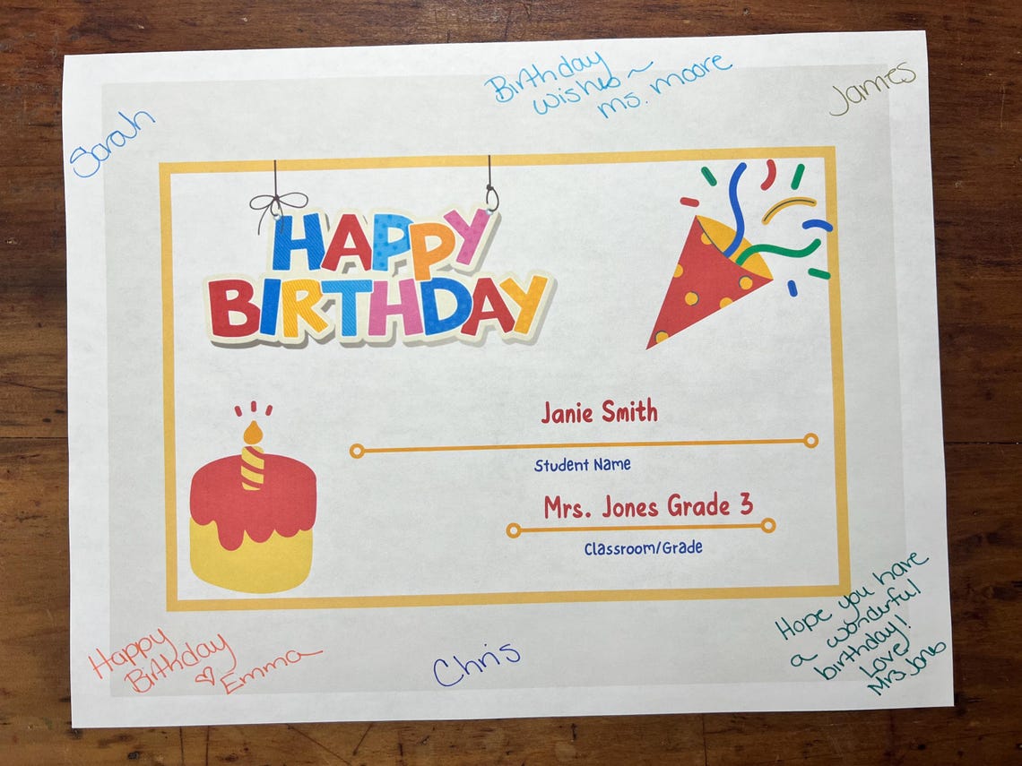 Happy Birthday Classroom Card, Student Birthday Certificate, PDF ...