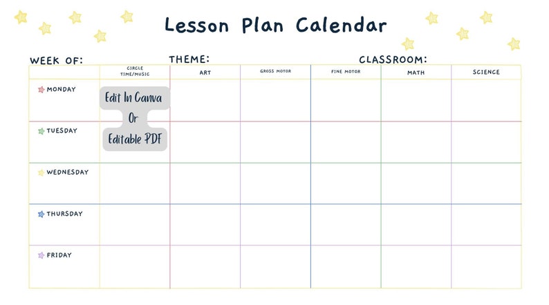 Stars Lesson Plan Template, Weekly Planner, Editable PDF, Canva ...