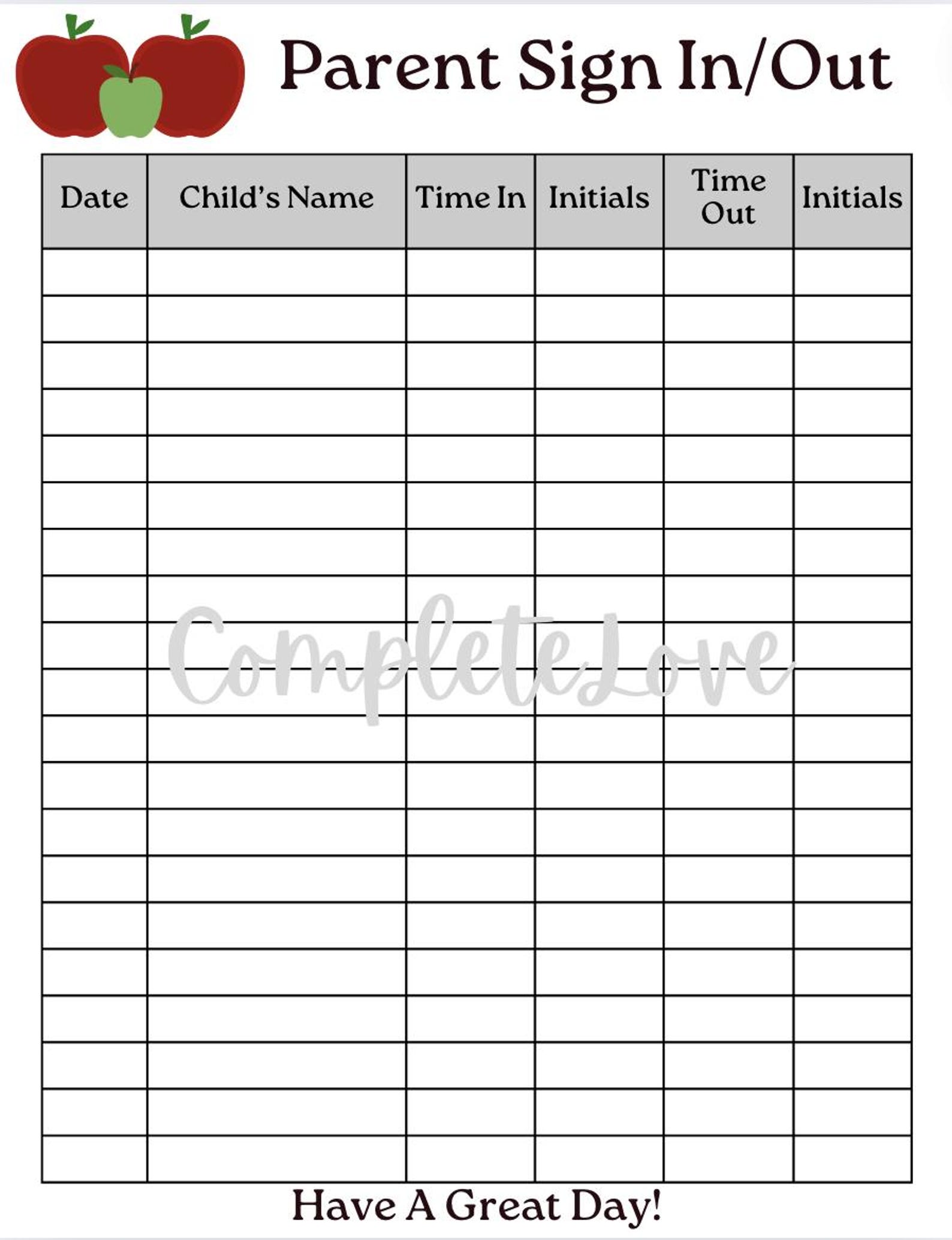 Daily Parent Sign in and Out Form. Perfect for Daycare, Preschool ...