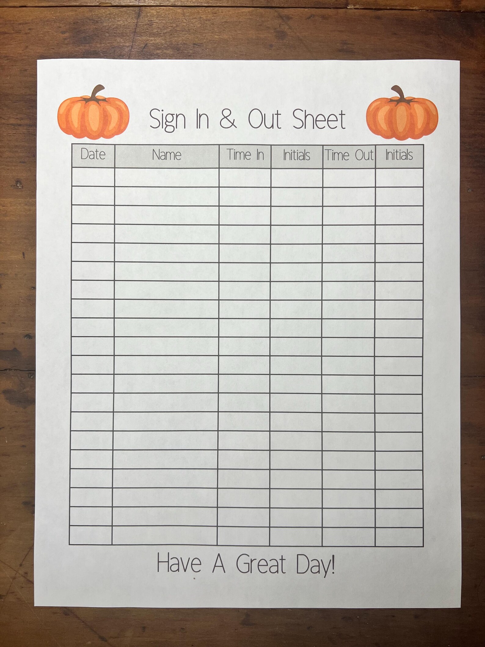 Parent Sign in & Out Form: Daycare, Preschool (PDF), Pumpkin Fall Theme ...